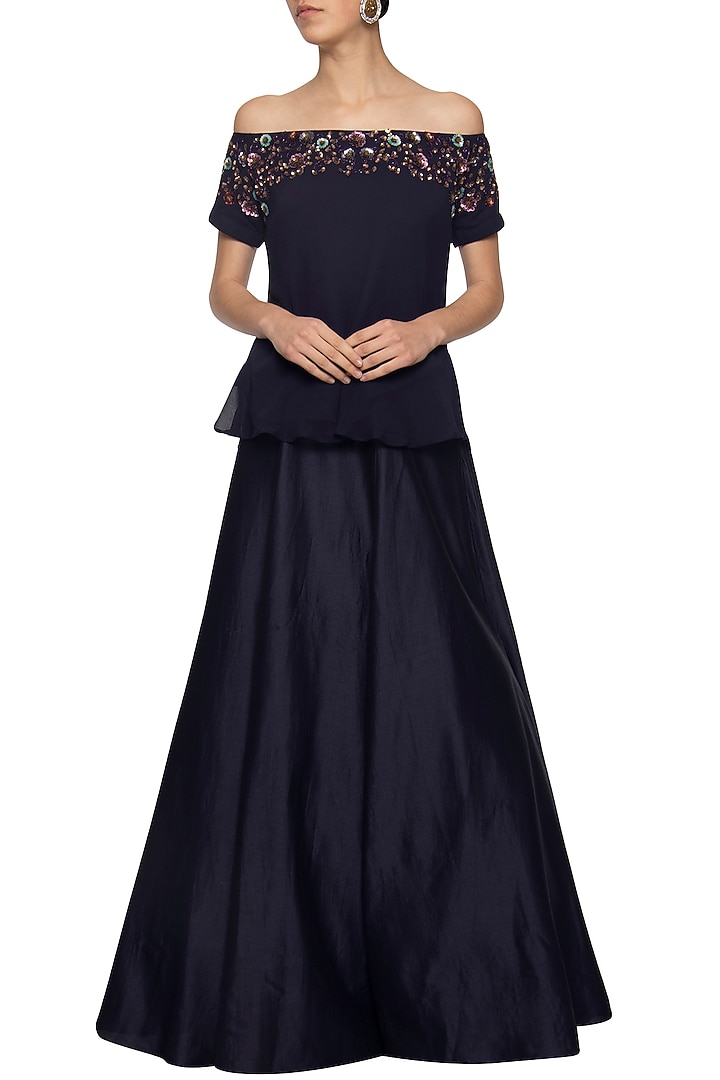 Navy blue embroidered cape with skirt Design by Ridhi Arora at Pernia's ...