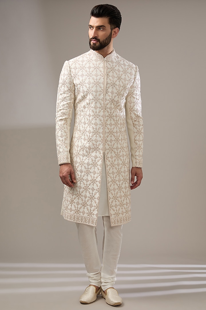 Ivory Silk Geometric Dori Work Sherwani Set Design by RE CHANNEL at ...