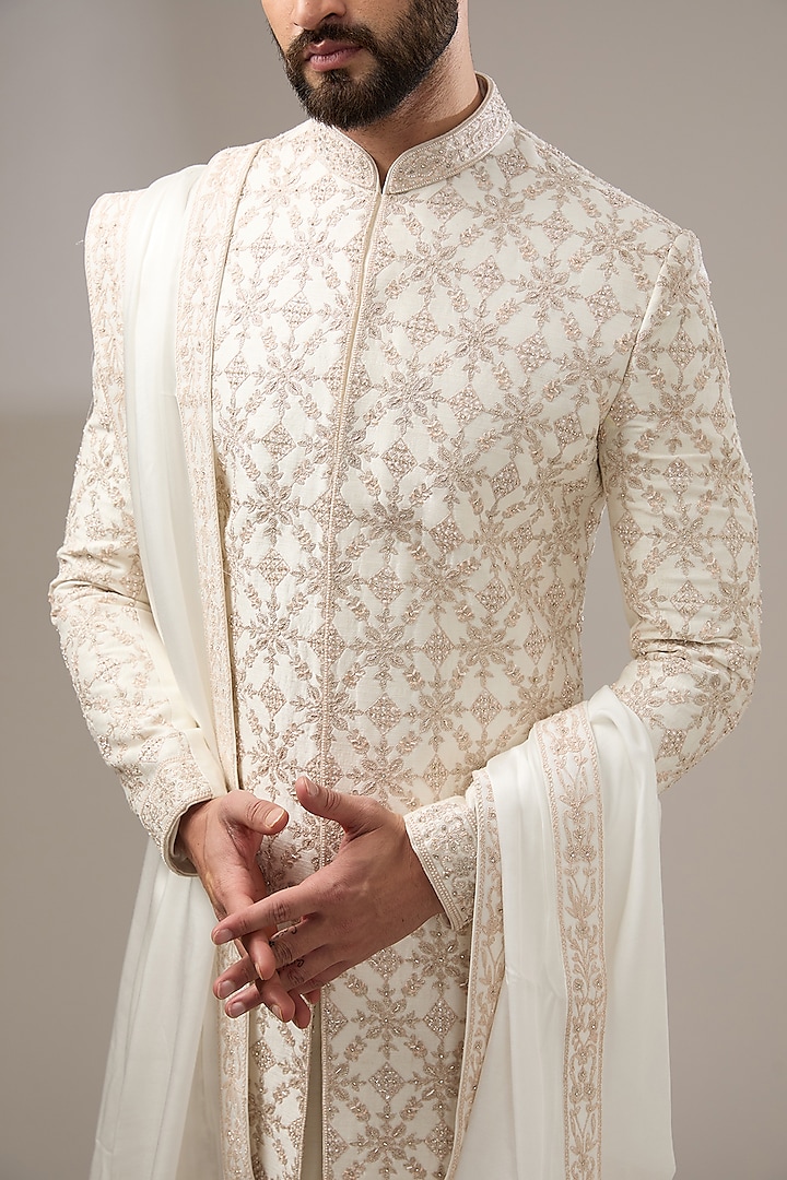 Ivory Silk Geometric Dori Work Sherwani Set Design by RE CHANNEL at ...