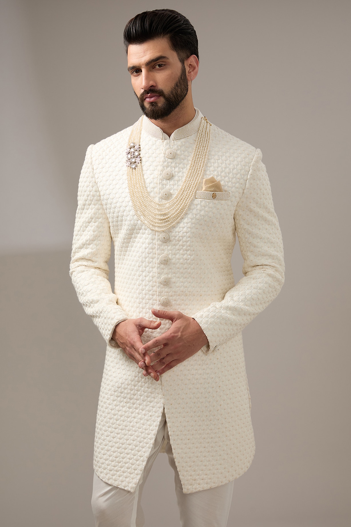 Ivory Silk Poth Embroidered Wedding Sherwani Set by RE CHANNEL at ...