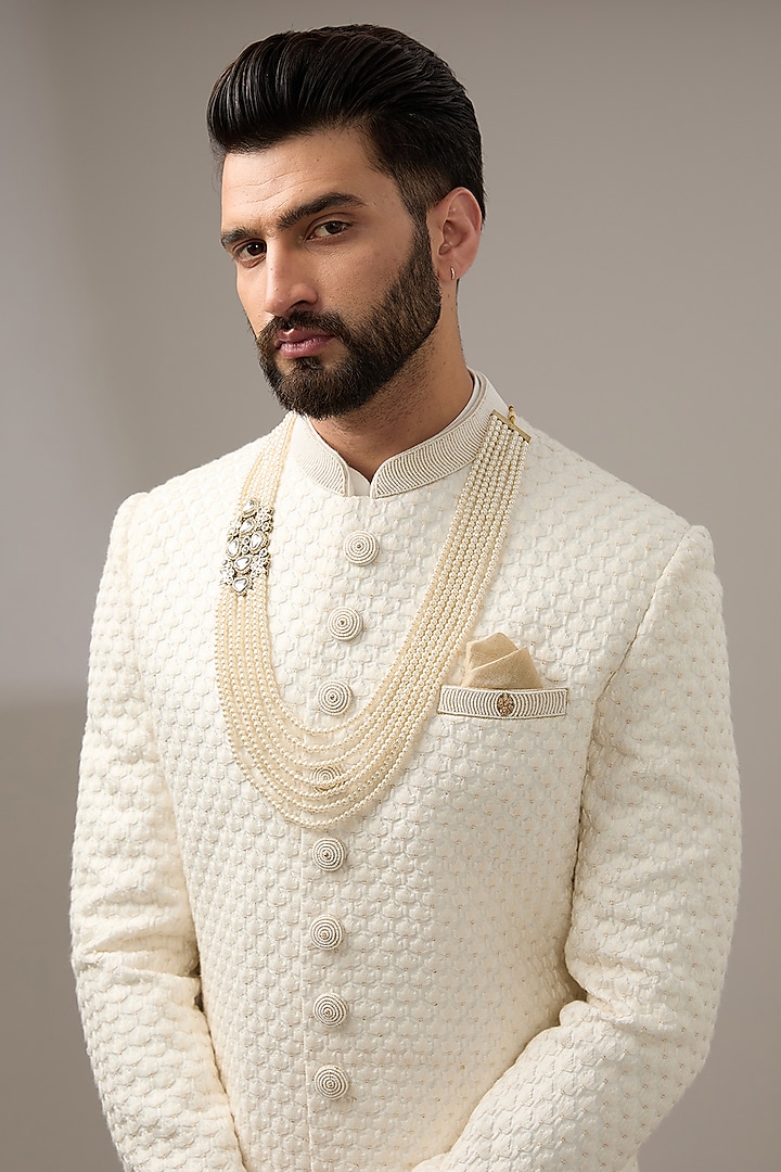 Ivory Silk Poth Embroidered Wedding Sherwani Set by RE CHANNEL at ...