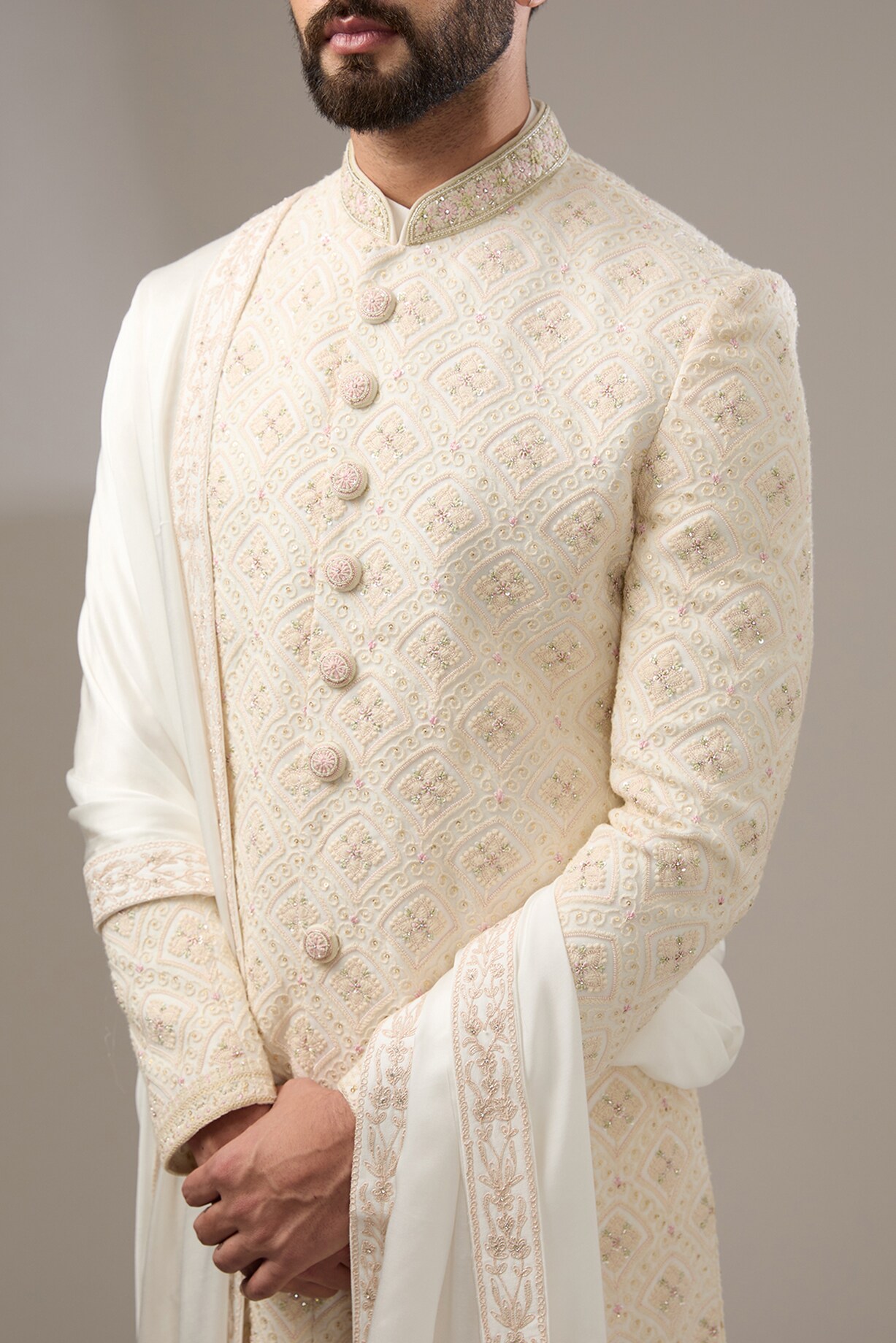 Ivory Georgette Poth Work Lucknowi Sherwani Set Design by RE CHANNEL at ...