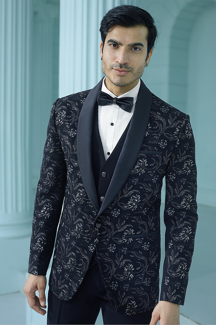 Midnight Blue Japanese Suiting Fabric Floral Embellished Tuxedo Set by ...