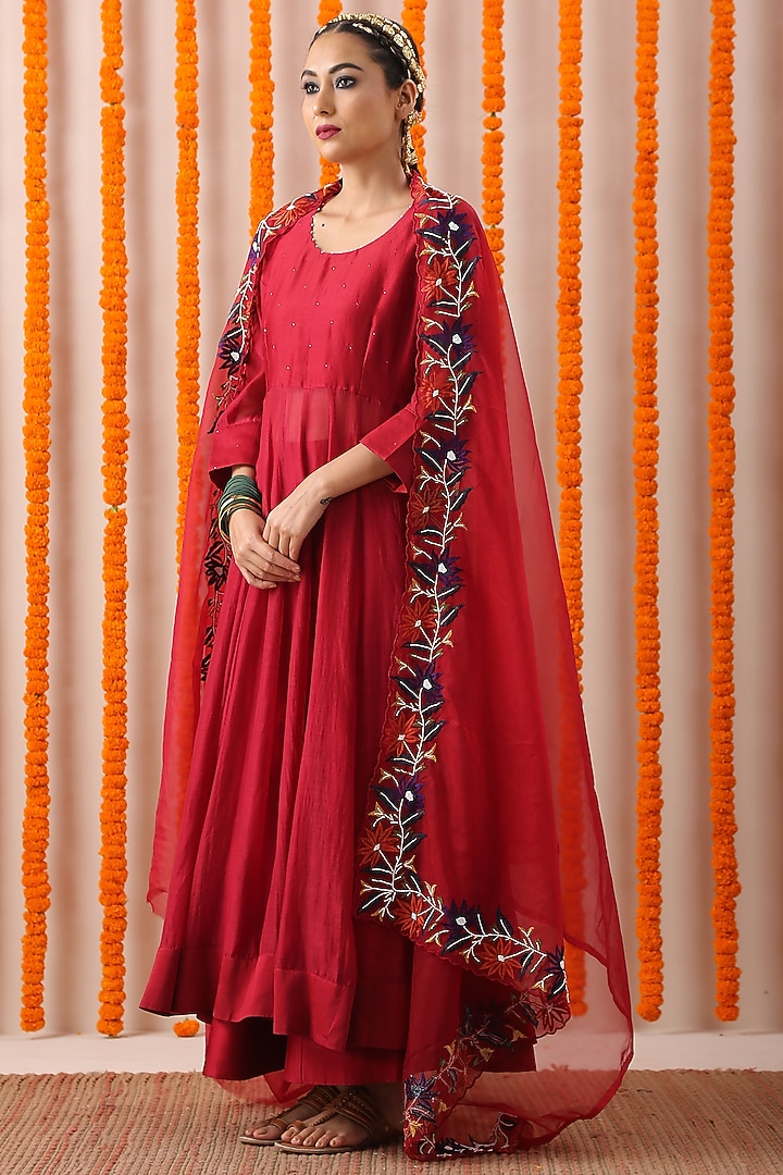 Maroon Hand Embroidered Kalidar Kurta Set Design by Rekha Agra at ...