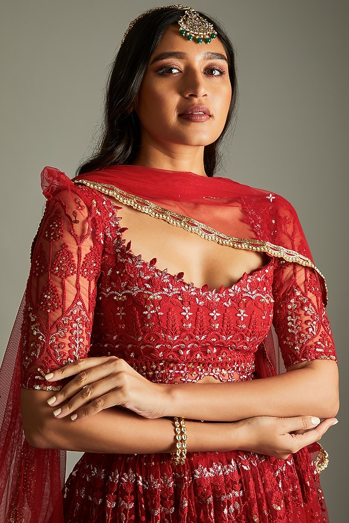 Ruby Red Net Embroidered Wedding Lehenga Set by Renee Label at Pernia's Pop Up Shop 2025