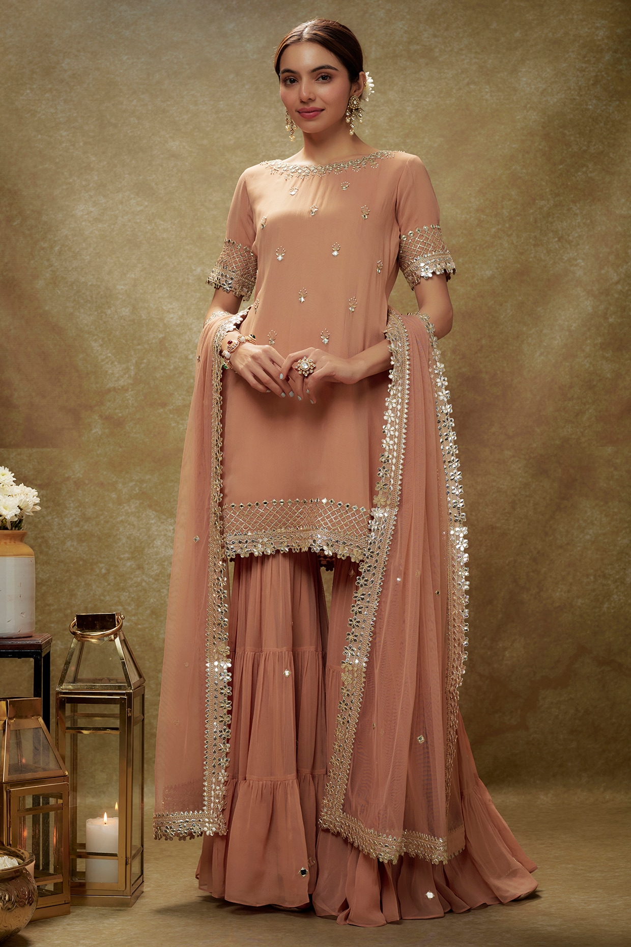 Beige Viscose Georgette Tiered Sharara Set by Renee Label at Pernia's Pop Up Shop 2025