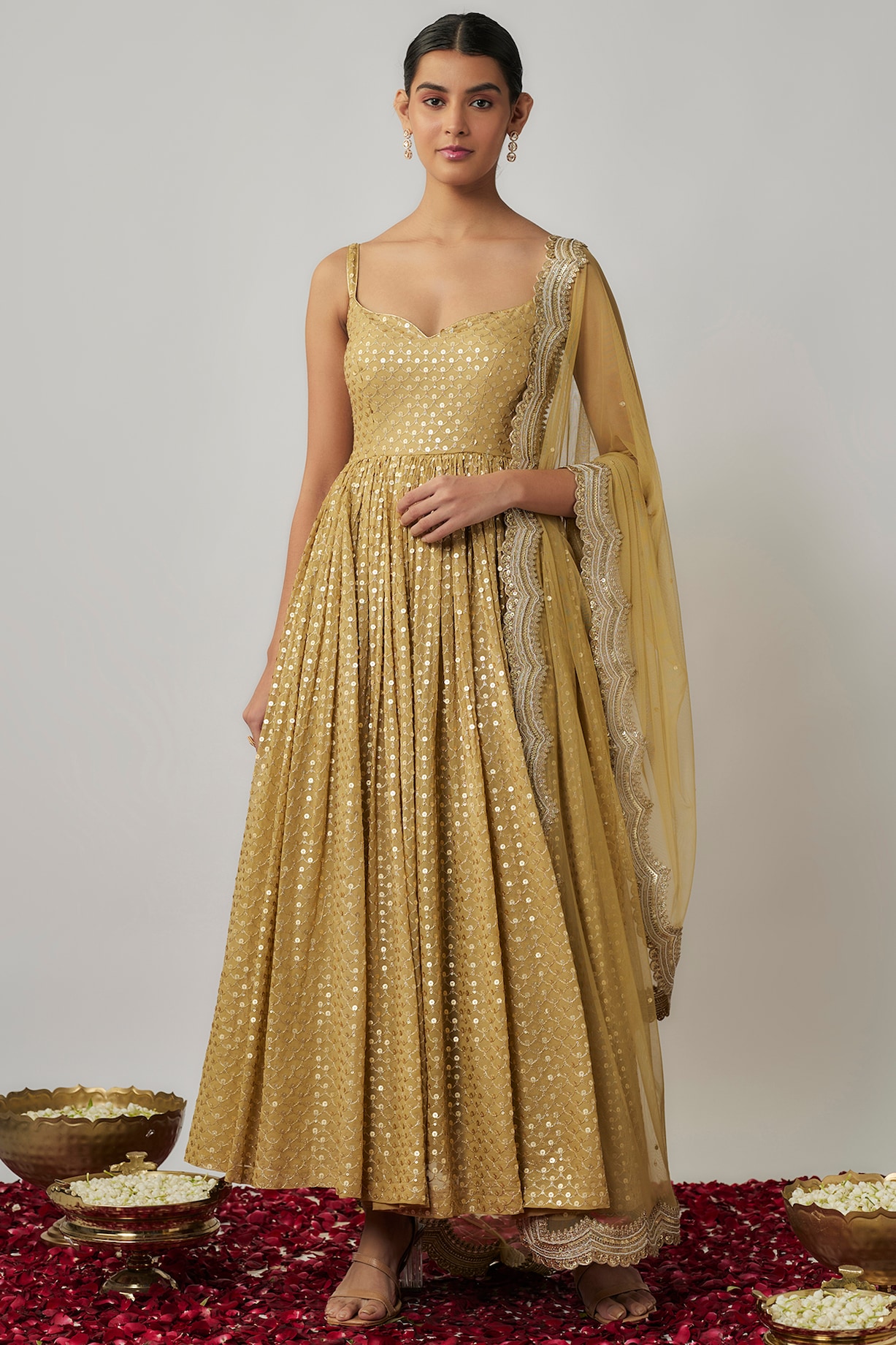 Gold Viscose Georgette Thread & Sequins Embroidered Anarkali Set by ...