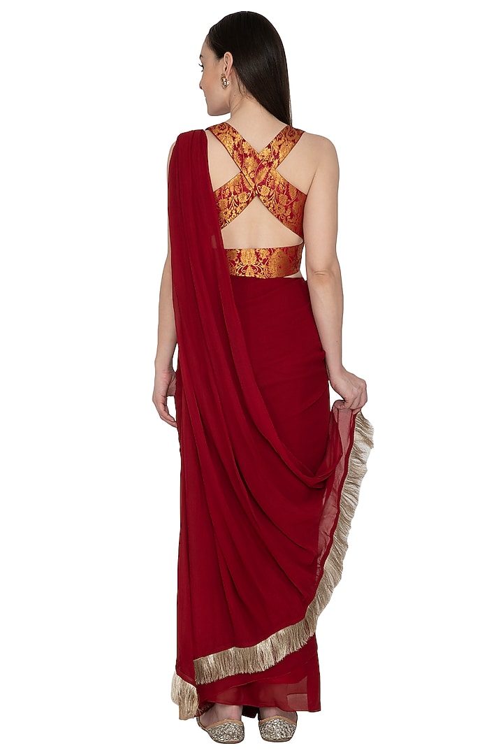 Maroon Viscose Georgette Gold Tassel Embellished Saree Set by Renee ...