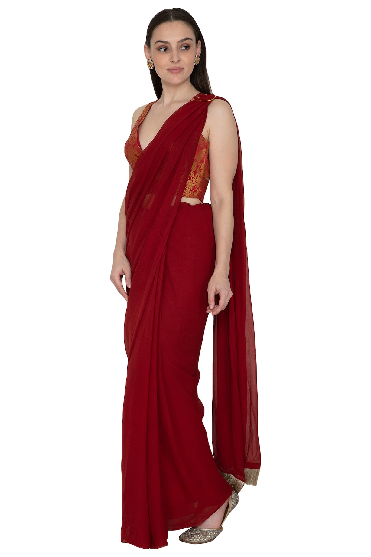 Maroon Viscose Georgette Gold Tassel Embellished Saree Set by Renee ...