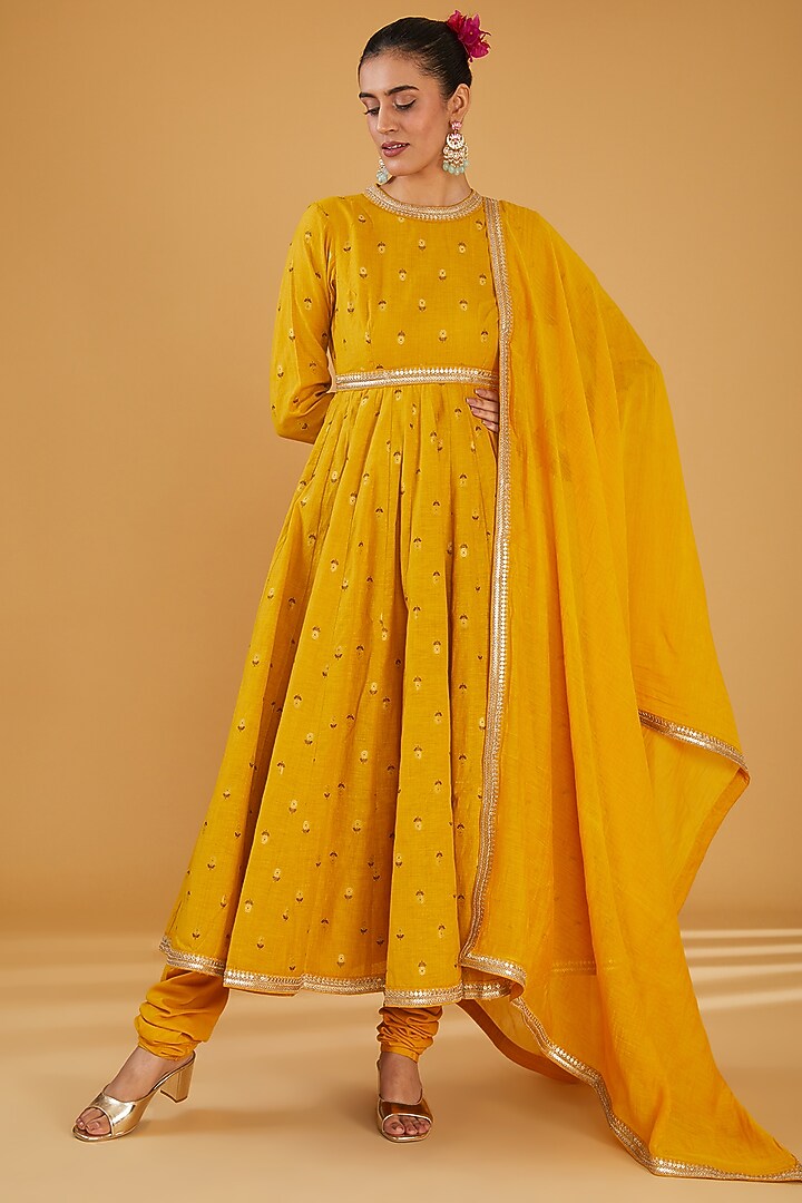 Yellow Woven Brocade Boota Embroidered Anarkali Set by Aharin India at ...