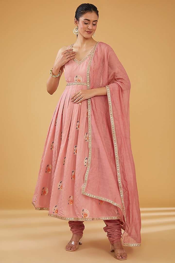 Onion Pink Silk Blend & Viscose Brocade Embroidered Anarkali Set by ...