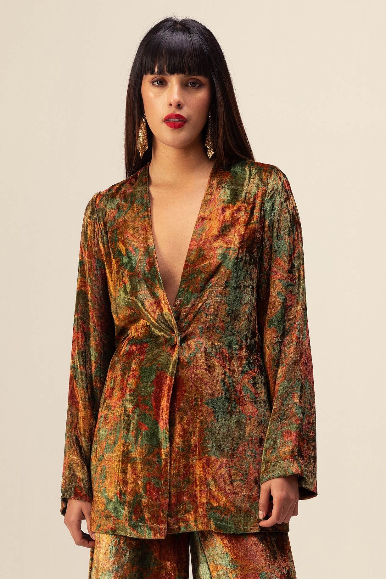 Green Soft Velvet Abstract Floral Printed Co-Ord Set by Reena Sharma at ...