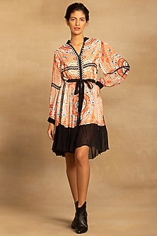 Red & Black Viscose Georgette Printed Mini Dress With Belt Design by ...