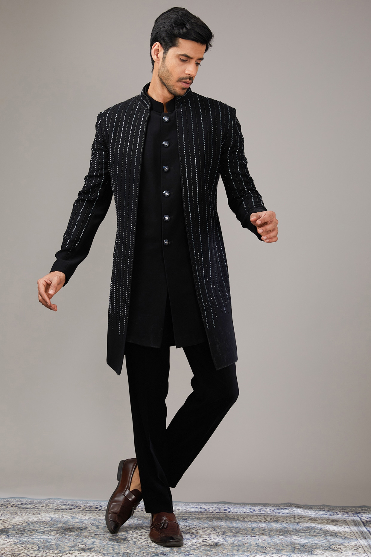 Black Japanese Suiting Fabric Salli Work Indowestern Set by RE CHANNEL ...