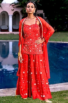 Red Pure Dupion Silk Hand Embroidered Kalidar Sharara Set by Bbaawri at ...