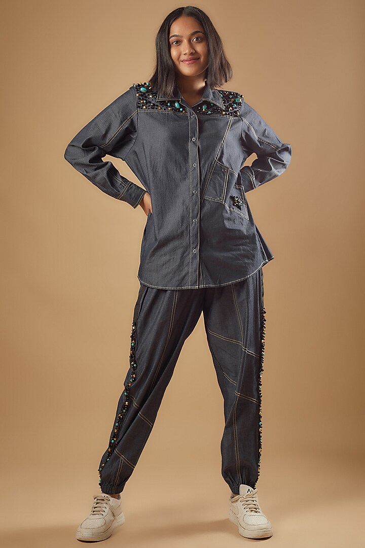 Blue Denim Stone Hand Embroidered Co-Ord Set by Richaa Goenka at Pernia ...