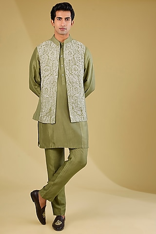 Ash Green Dupion Silk Embroidered Nehru Jacket Set by Rohit Gandhi ...