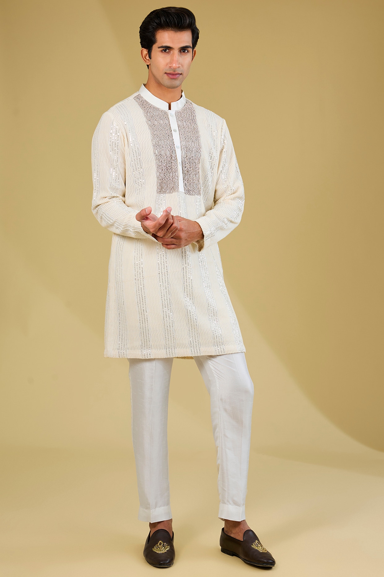 Ivory Cotton Embroidered Kurta Set by Rohit Gandhi & Rahul Khanna Men ...