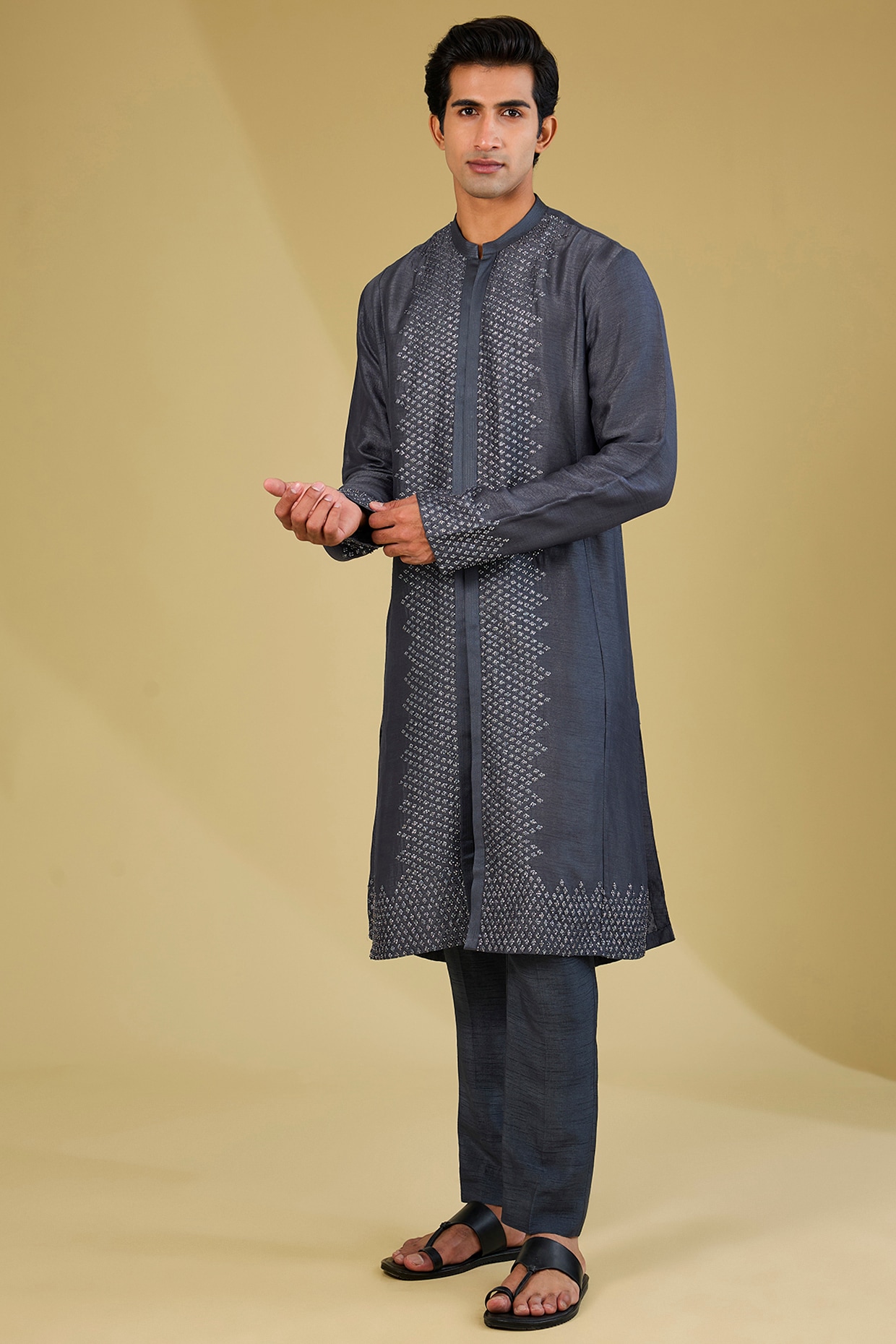Steel Grey Silk Structured Kurta Set by Rohit Gandhi & Rahul Khanna Men ...