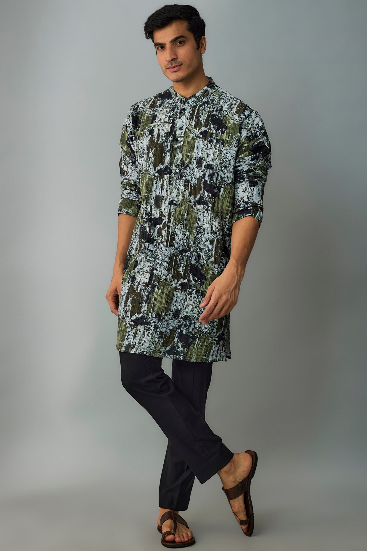 Olive Silk Printed Kurta by Rohit Gandhi & Rahul Khanna Men at Pernia's ...