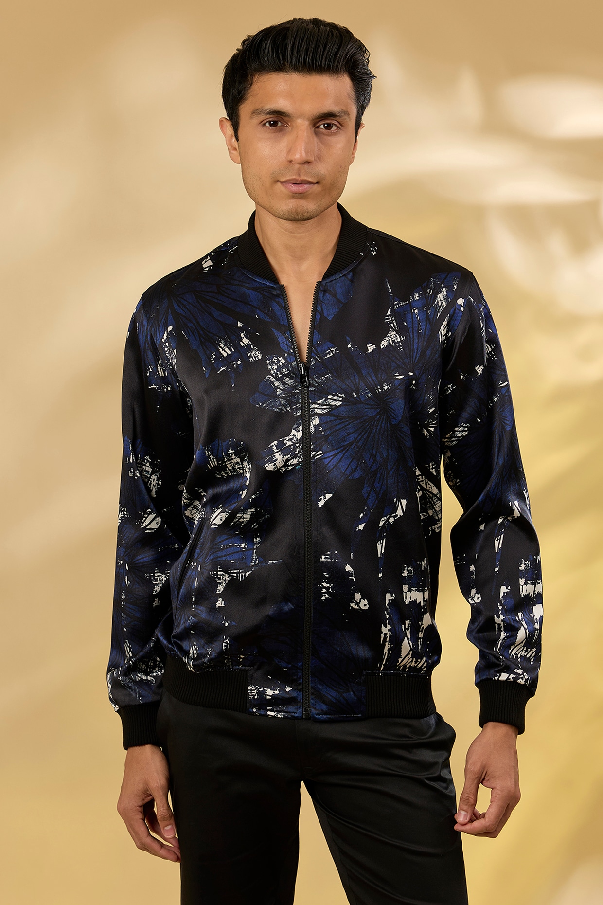 Navy Blue Silk Printed Bomber Jacket by Rohit Gandhi & Rahul Khanna Men ...