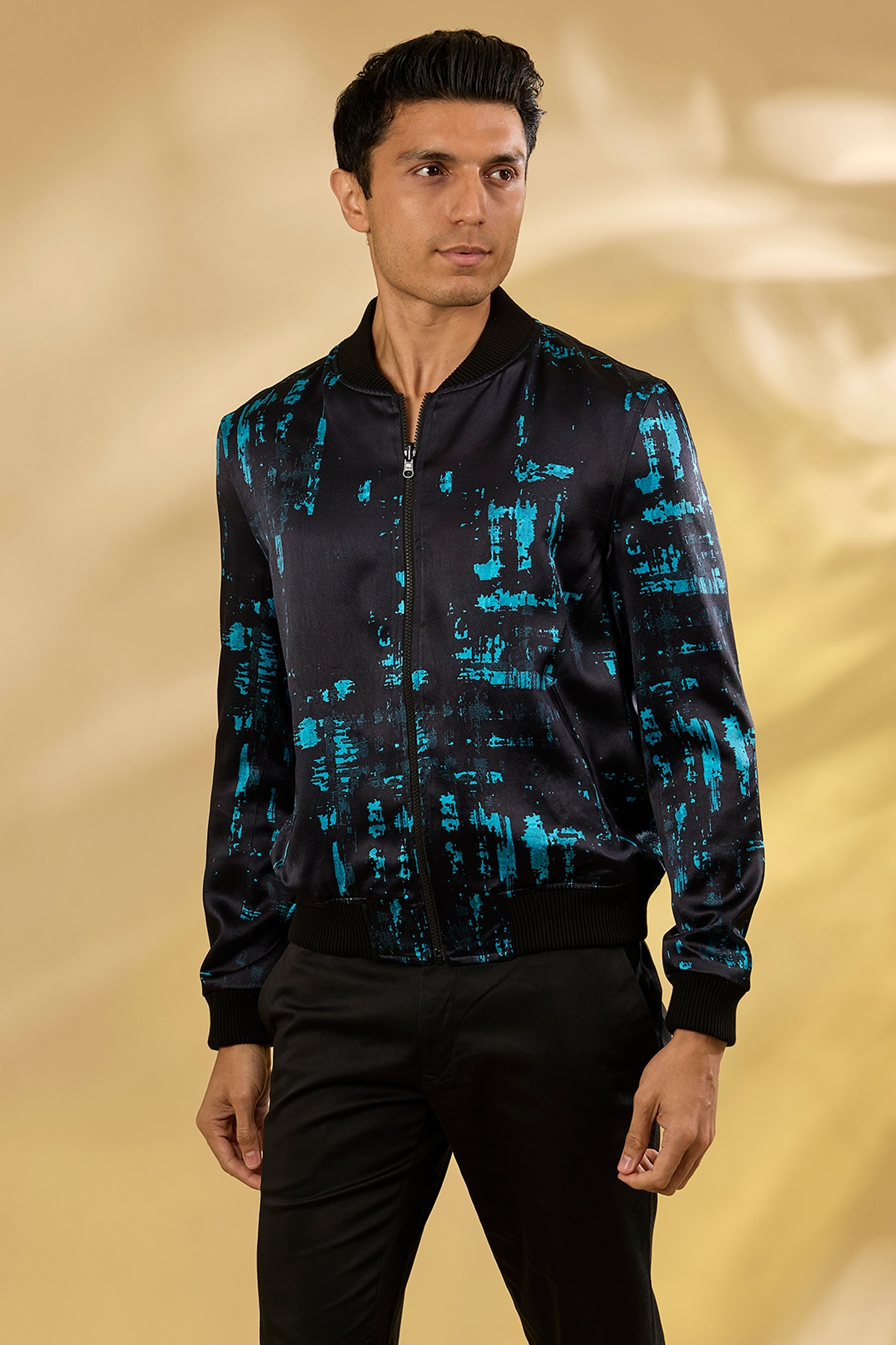 Turquoise Silk Printed Bomber Jacket by Rohit Gandhi & Rahul Khanna Men ...