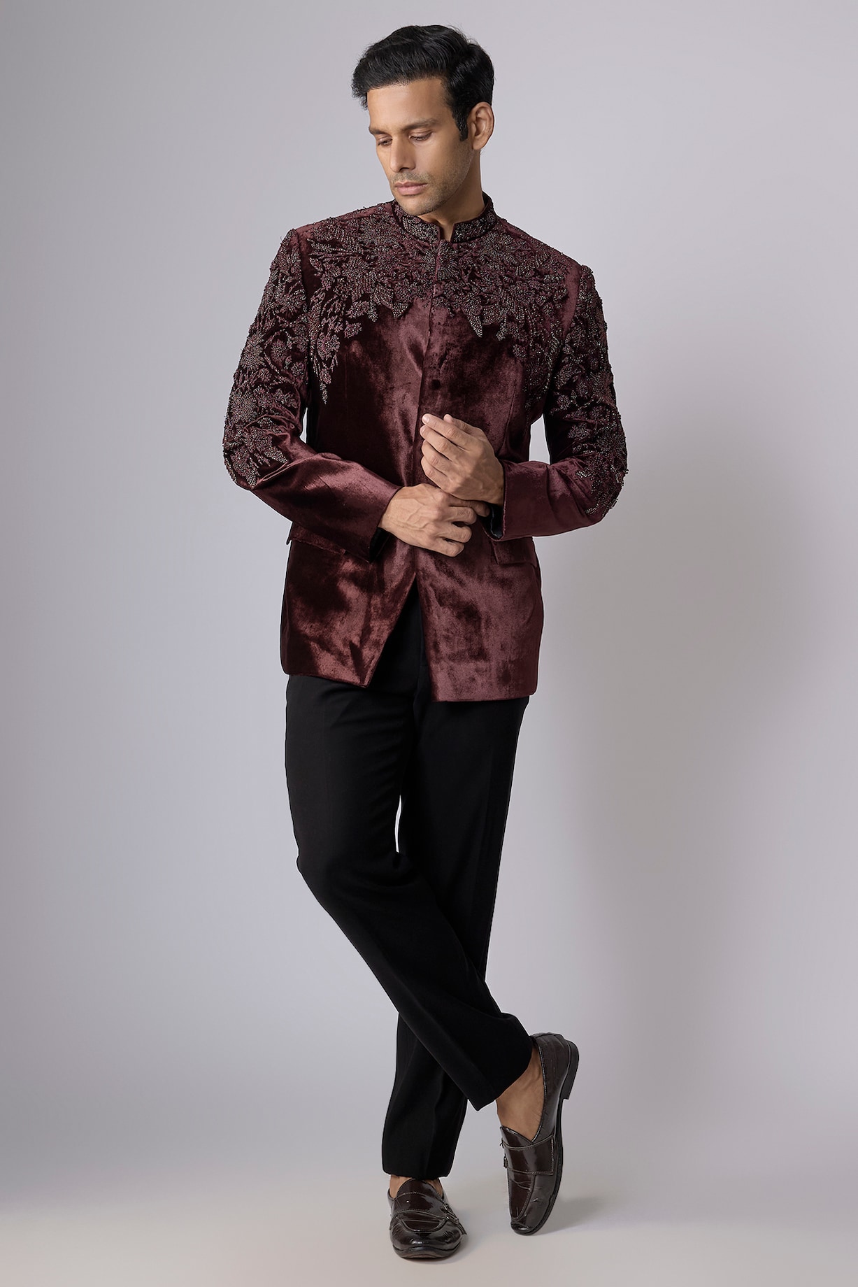Berry Maroon Velvet Groom Bandhgala Set by Rohit Gandhi & Rahul Khanna ...