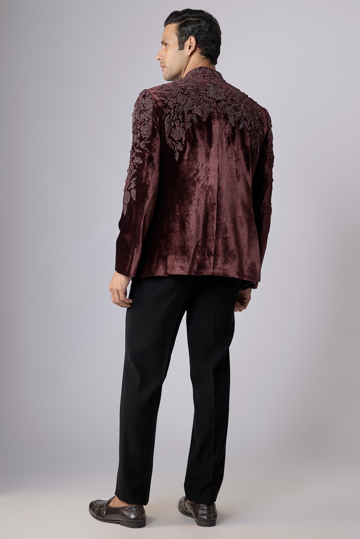 Berry Maroon Velvet Groom Bandhgala Set by Rohit Gandhi & Rahul Khanna ...