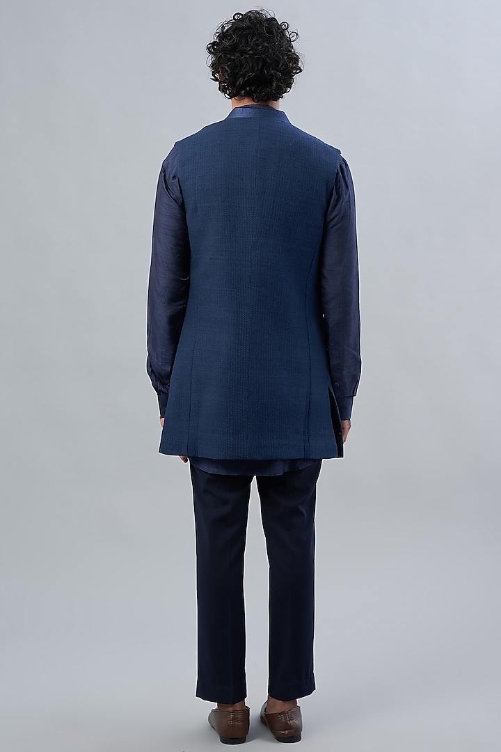 Navy Blue Matka Silk Embroidered Indowestern Jacket by Rohit Gandhi ...