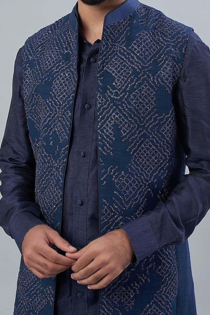 Navy Blue Matka Silk Embroidered Indowestern Jacket by Rohit Gandhi ...