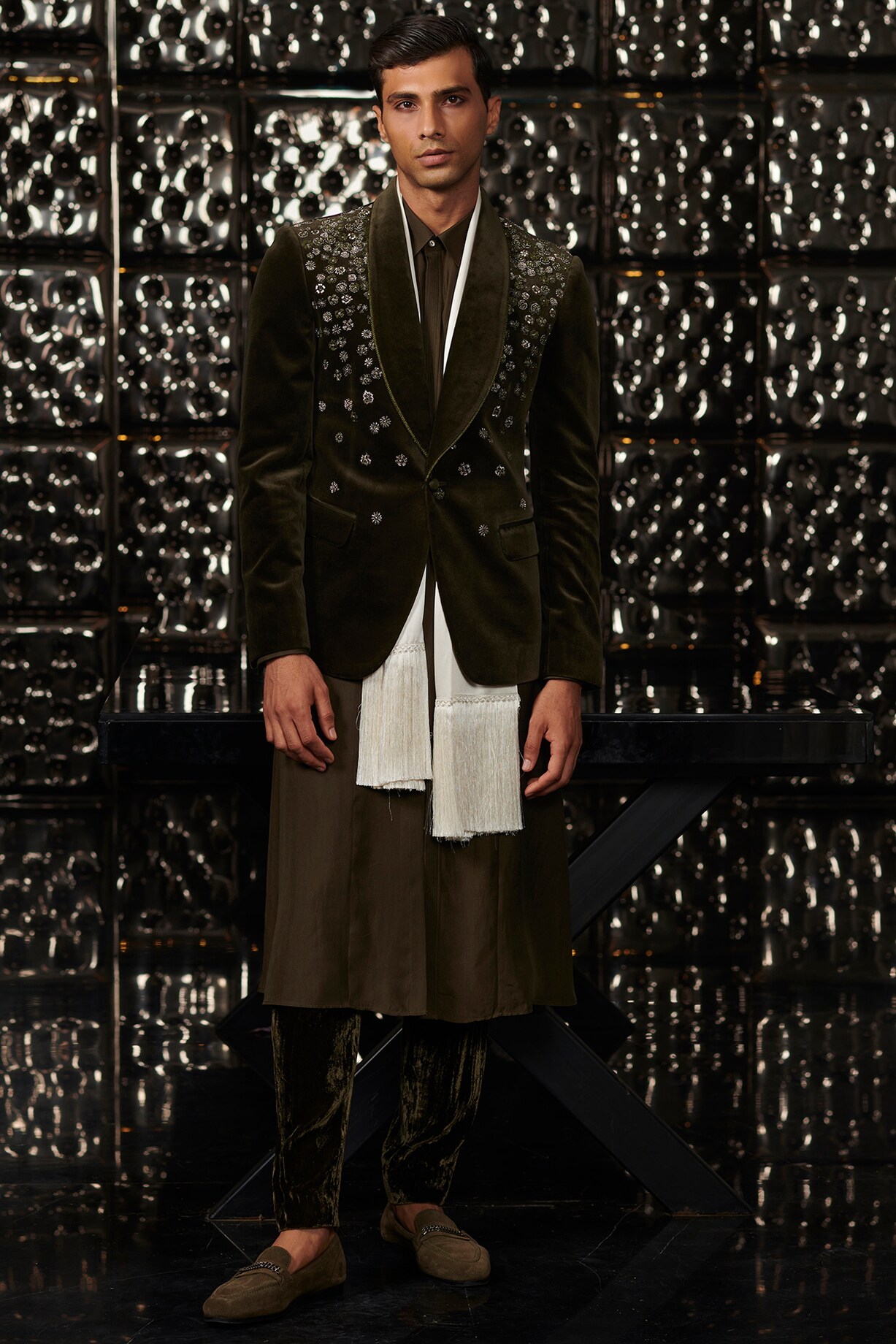 Olive Green Metallic Embroidered Tuxedo Set by Rohit Gandhi & Rahul ...