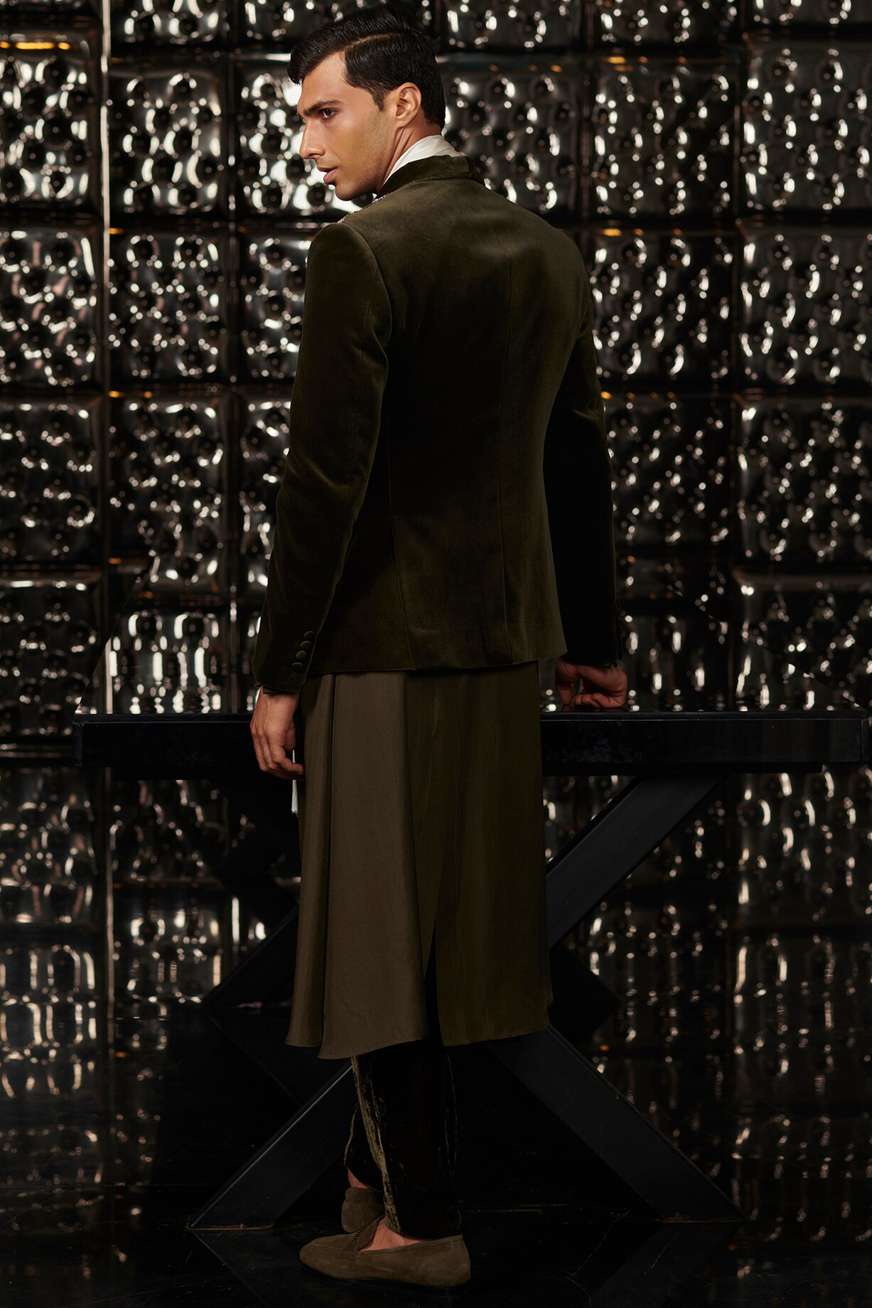 Olive Green Metallic Embroidered Tuxedo Set by Rohit Gandhi & Rahul ...