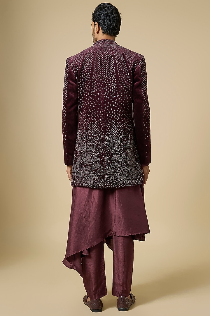 Wine Velvet Groom Indowestern Set by Rohit Gandhi & Rahul Khanna Men at ...
