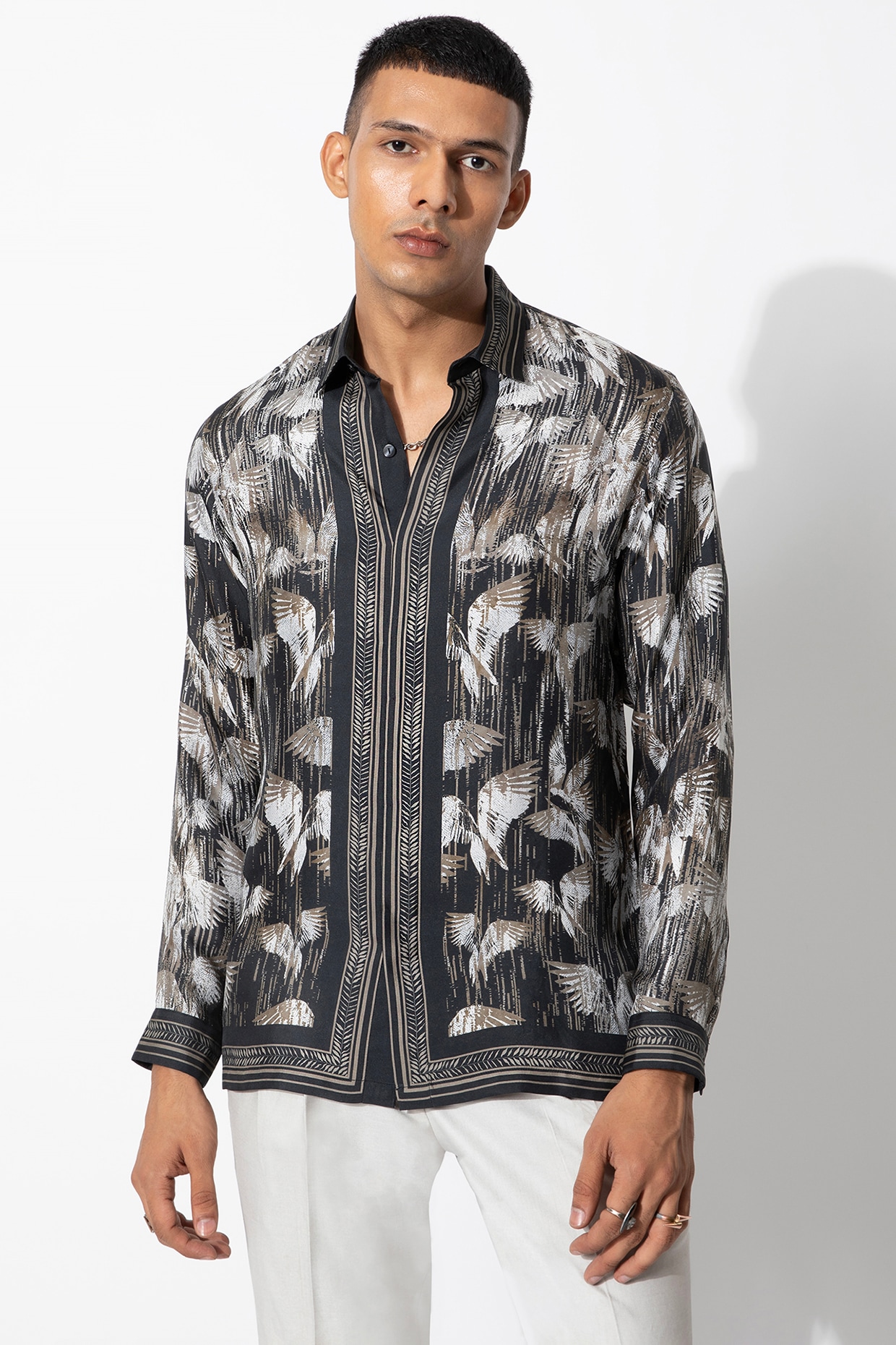 Black & Olive Green Silk Printed Shirt by Rohit Gandhi & Rahul Khanna ...