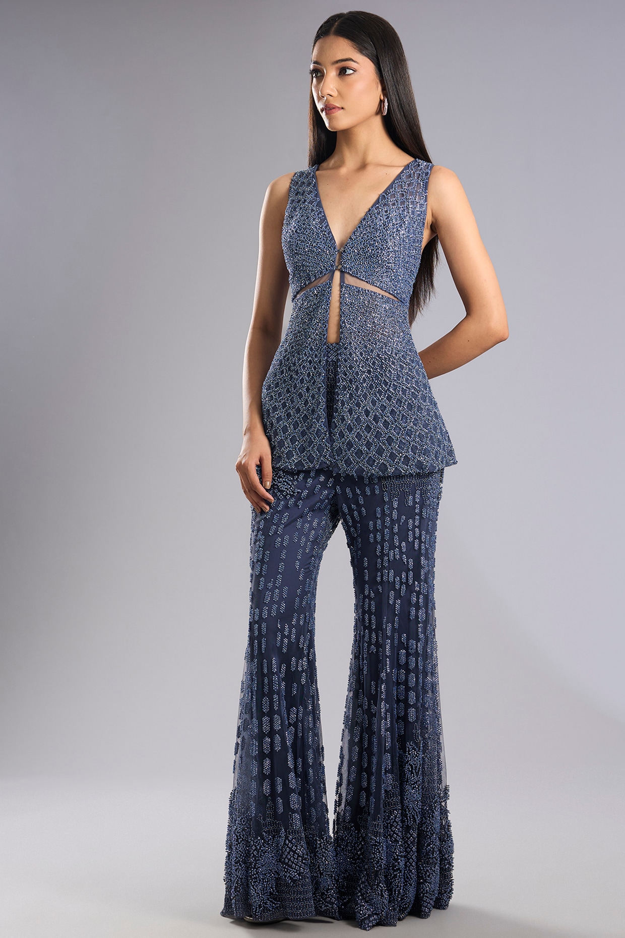 Deep Twilight Blue Tulle Embellished Jacket Set by Rohit Gandhi & Rahul ...