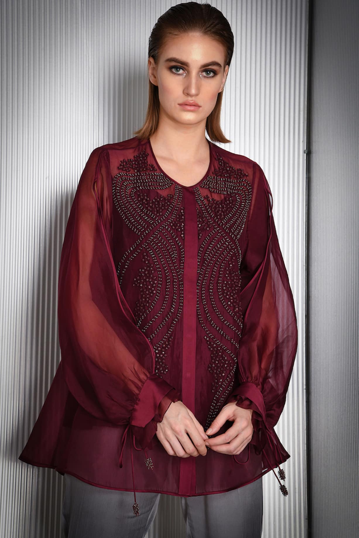 Maroon Crystals Embroidered Top Design by Rohit Gandhi & Rahul Khanna ...
