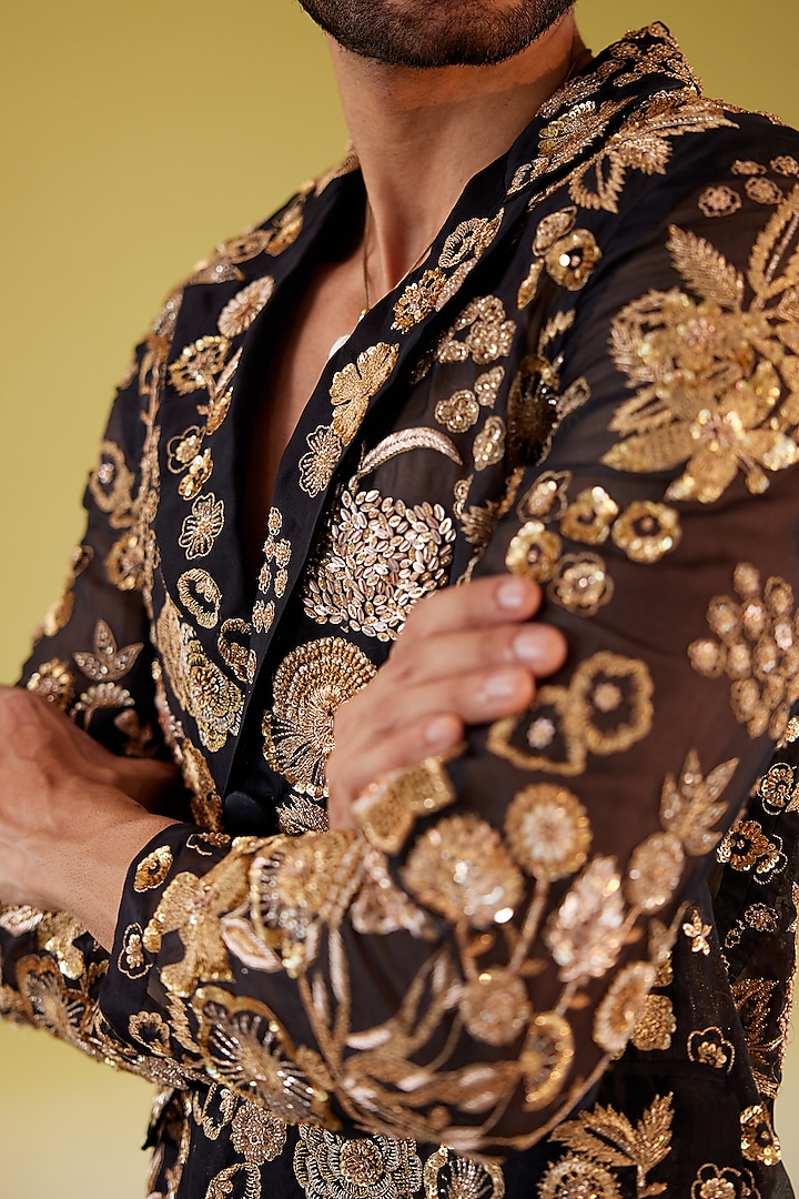 Black & Gold Raw Silk Hand Embroidered Jacket Set by Rahul Mishra Men ...