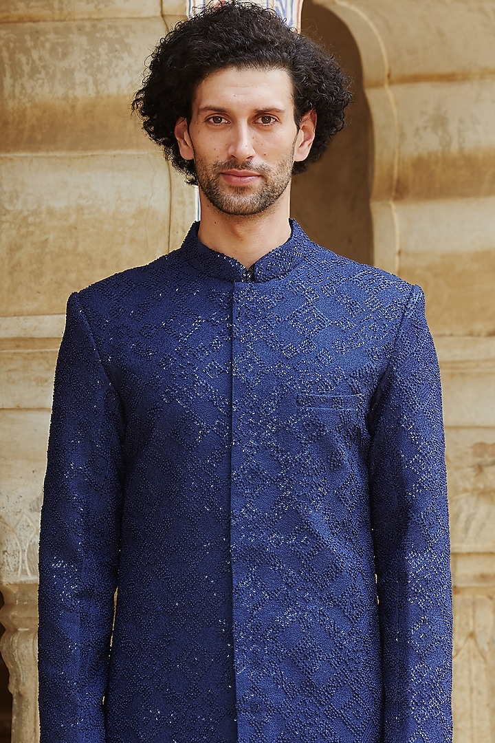 Navy Blue Embroidered Sherwani Set Design by Rahul Mishra Men at Pernia ...