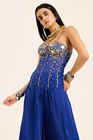 Ink Blue Sheer Organza Hand Embroidered Corset Top by RUHR INDIA at ...