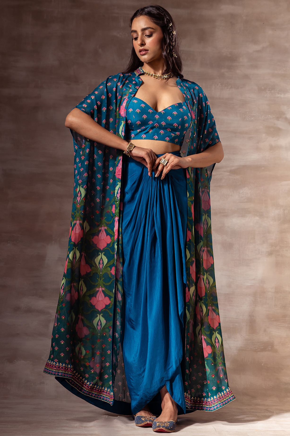 Teal Blue Embroidered Cape Set by RUHR INDIA at Pernia's Pop Up Shop 2026