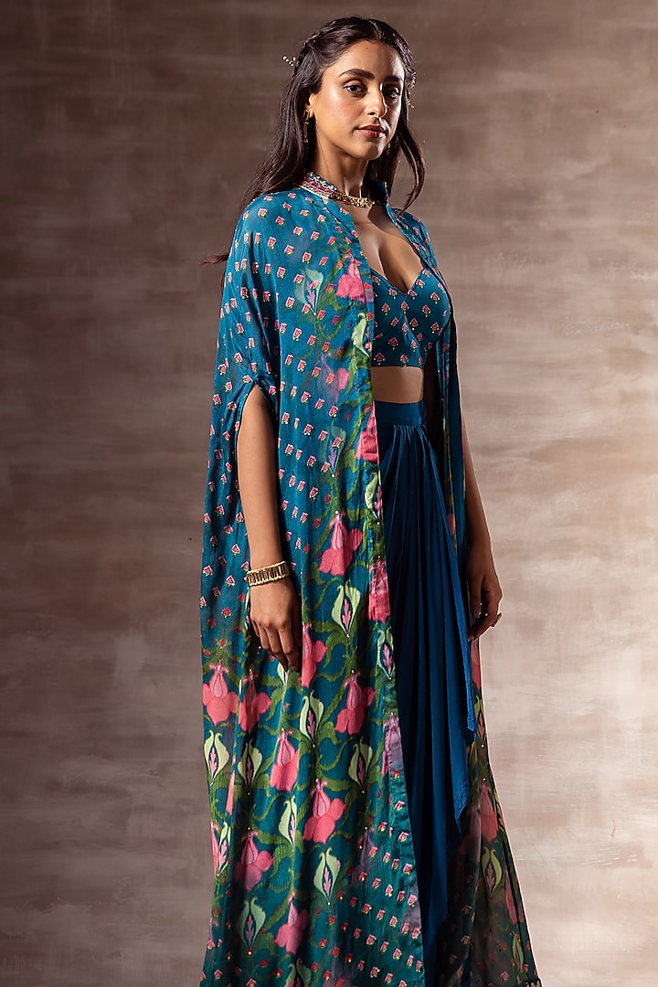 Teal Blue Embroidered Cape Set by RUHR INDIA at Pernia's Pop Up Shop 2026