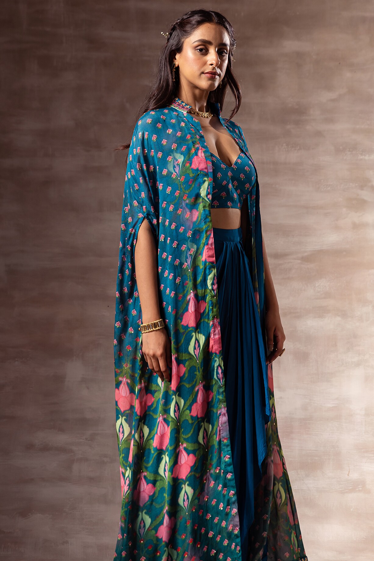Teal Blue Embroidered Cape Set by RUHR INDIA at Pernia's Pop Up Shop 2026
