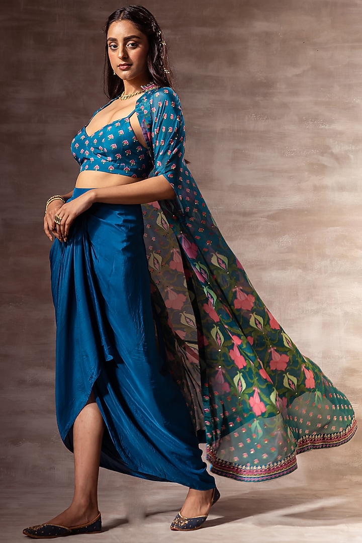 Teal Blue Embroidered Cape Set by RUHR INDIA at Pernia's Pop Up Shop 2026