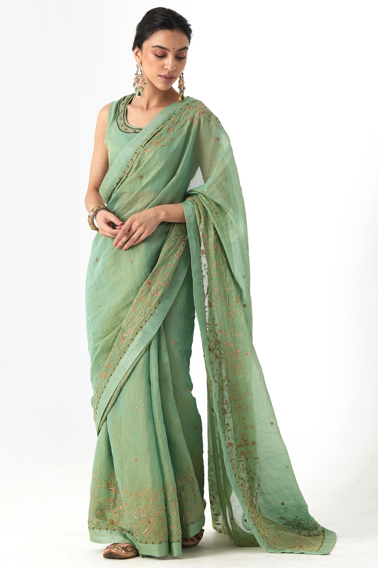 Sea Green Tissue Chanderi Aari & Zardosi Hand Embroidered Saree Set by ...