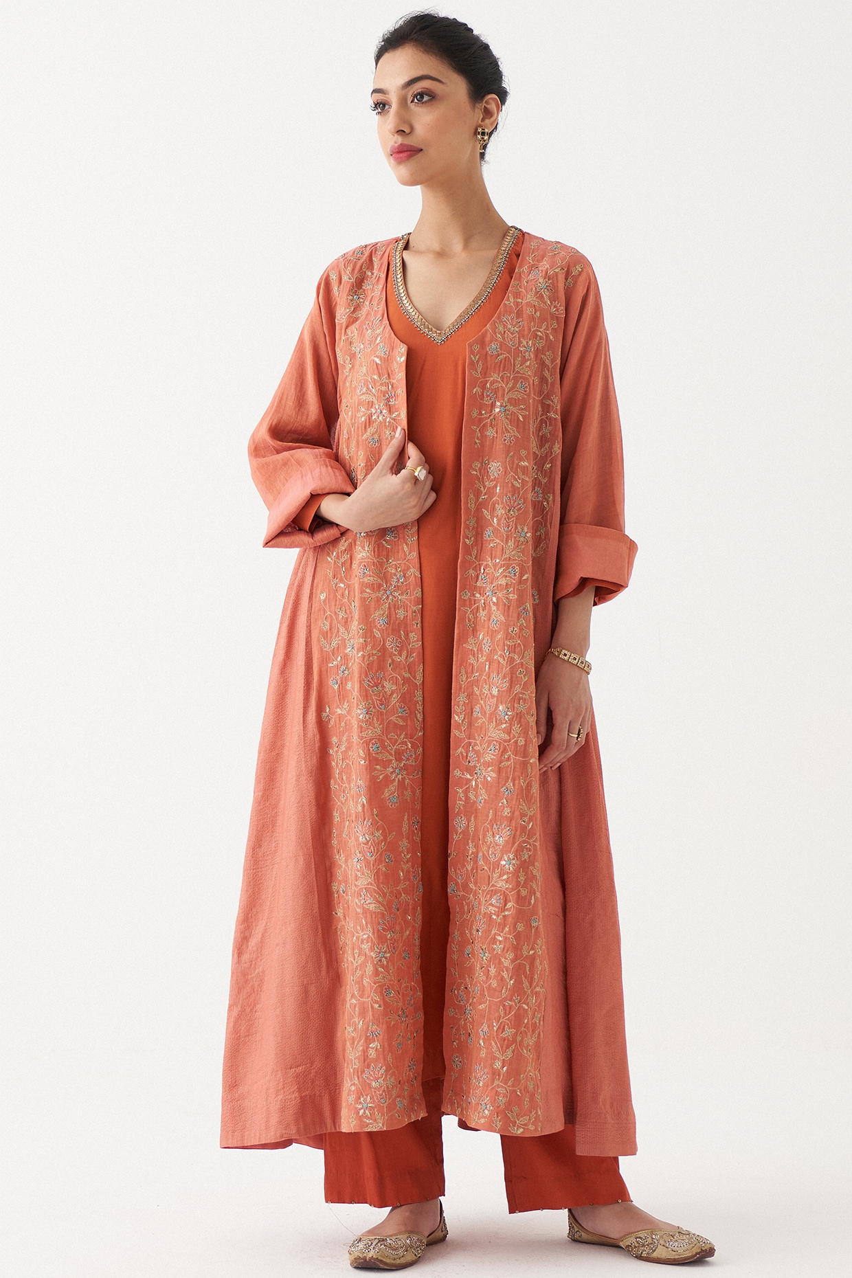 Peach Hand Embroidered Jacket Set by Rhua at Pernia's Pop Up Shop 2025