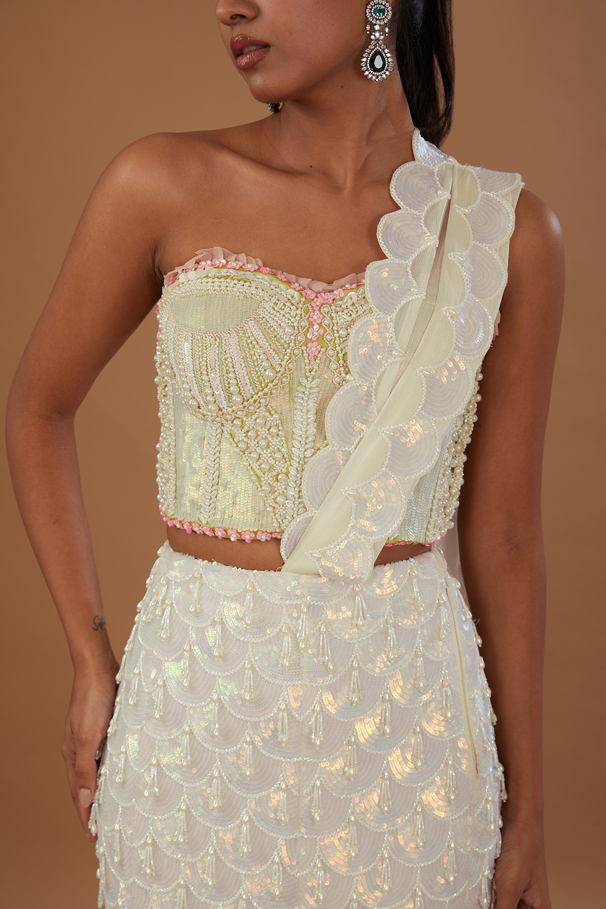 Ivory Metallic Georgette Pearl Embroidered Mermaid Saree Set by Rianta ...