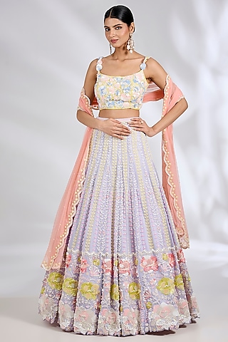 Lilac Metallic Georgette Hand Embroidered Wedding Lehenga Set by Rianta ...