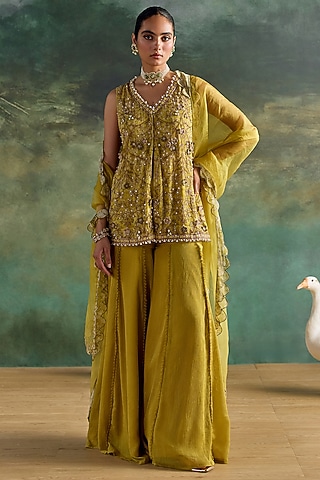 Citric Lemon Georgette Printed Wedding Sharara Set by Ridhima Bhasin at ...