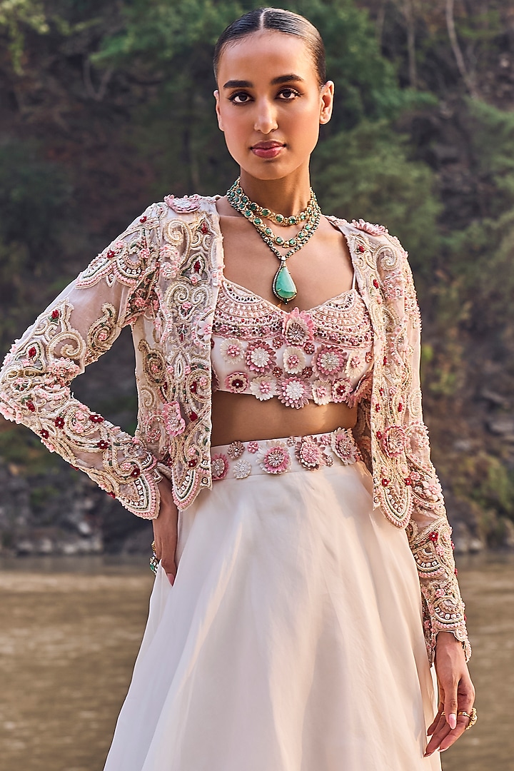 Ivory Organza & Crepe Flowy Jacket Wedding Lehenga Set by Ridhima ...