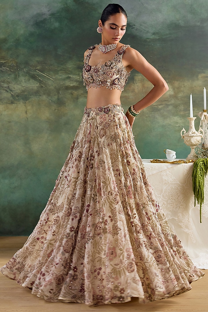 Ivory Organza Printed Bridal Lehenga Set by Ridhima Bhasin at Pernia's ...